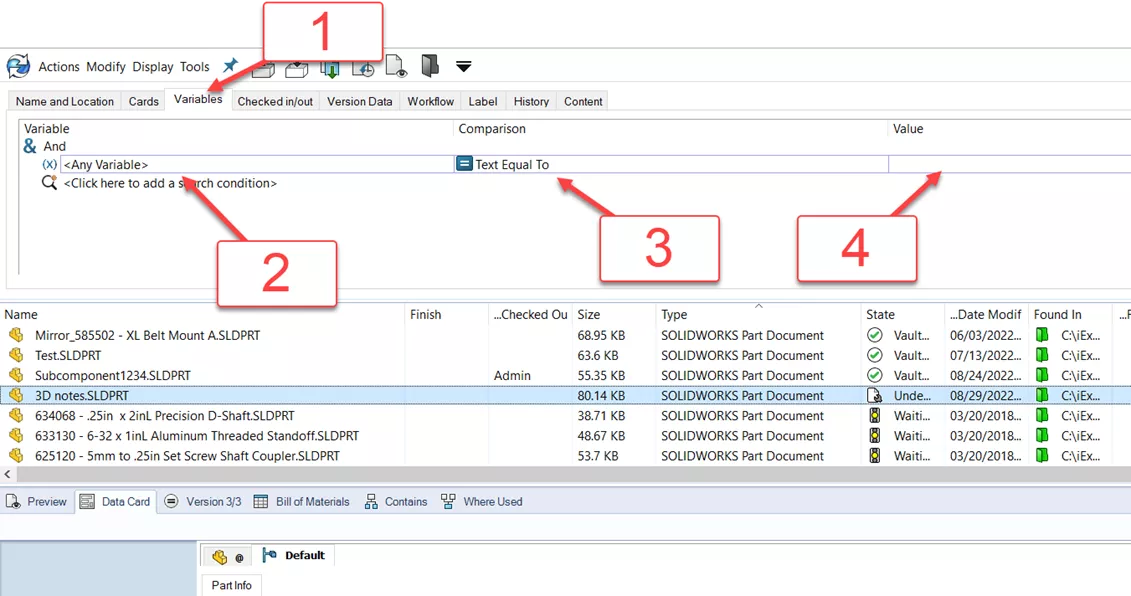 How To Search For Variables That Have Been Left Blank In Solidworks Pdm Data Cards Goengineer